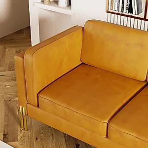 Lostcat 94"PU Leather Sofa, Mid-Century Modern Loveseat Couches Modern Sofa,94" Sofa with Reversible PU Leather Upholstered, Large 3 Seater Sofa with Gold Metal Legs for Living Room Comfy Couch,Brown