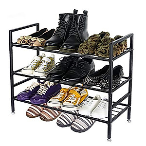homtuzan Stackable Shoes Rack Storage Shelf- 3-tier or 6 tier Large Wire Grid Shoe Rack Organizer, Metal Space Saving Shoe Shelf, Expandable & Adjustable Shoe Shelf (Black, 3 tier)