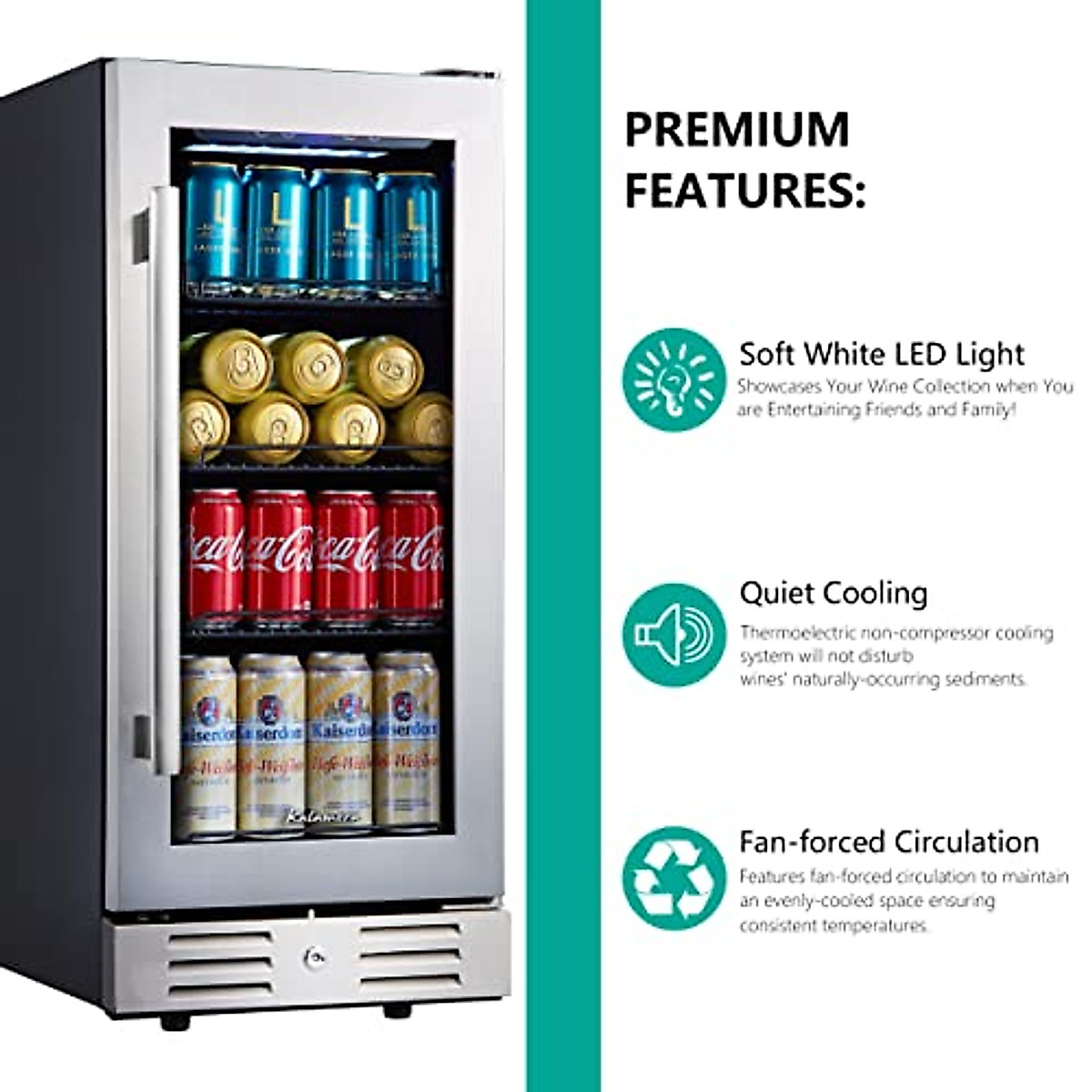 Kalamera Beverage Refrigerator Cooler, 100 Cans Mini Fridge with Glass Door Built-in or Freestanding, 15 inch Beverage Fridge with Seamless Stainless Steel Door for Beer Drinks or Soda