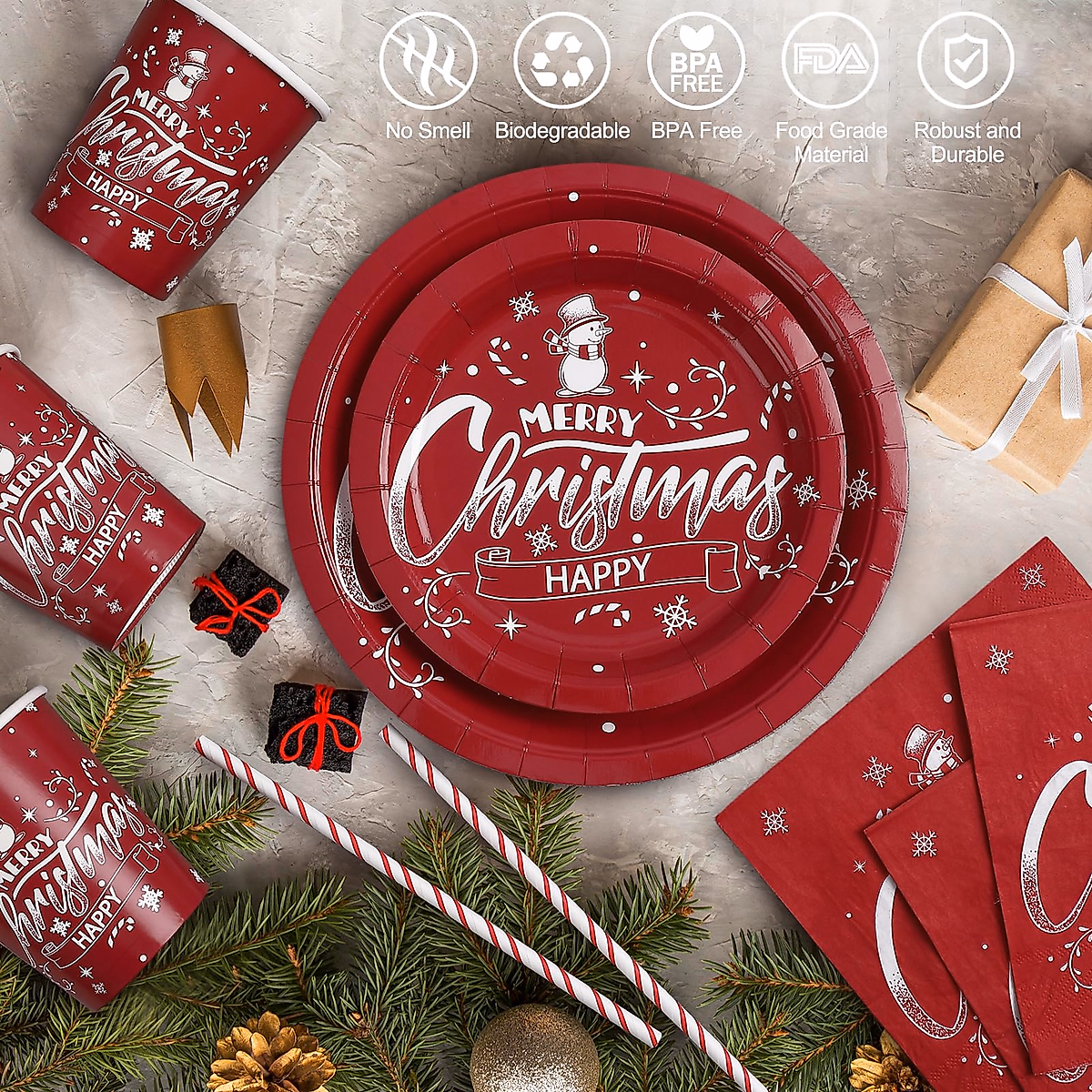 Merry Christmas Tableware Set for 25 Guests, Red Paper Plates Set with Plates Napkins Cups Straws Cutlery for Christmas Party Supplies, 200 pcs Disposable Party Dessert Dinnerwares