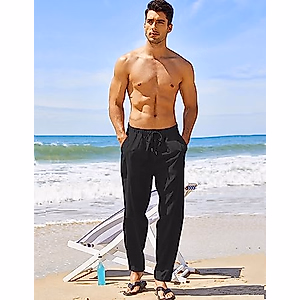 COOFANDY Men's Baggy Capri Trousers Drawstring Vacation Linen Beach Pants Summer Black