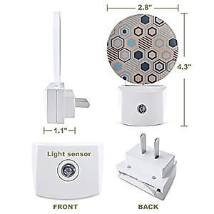 ILYBEEN Minimalist Geometric Blue Hexagon LED Night Lights Plug-in Nightlight with Auto Dusk to Dawn Sensor,Stripe on Burlap Linen Texture Round Lamp for Bedroom,Hallway,Bathroom