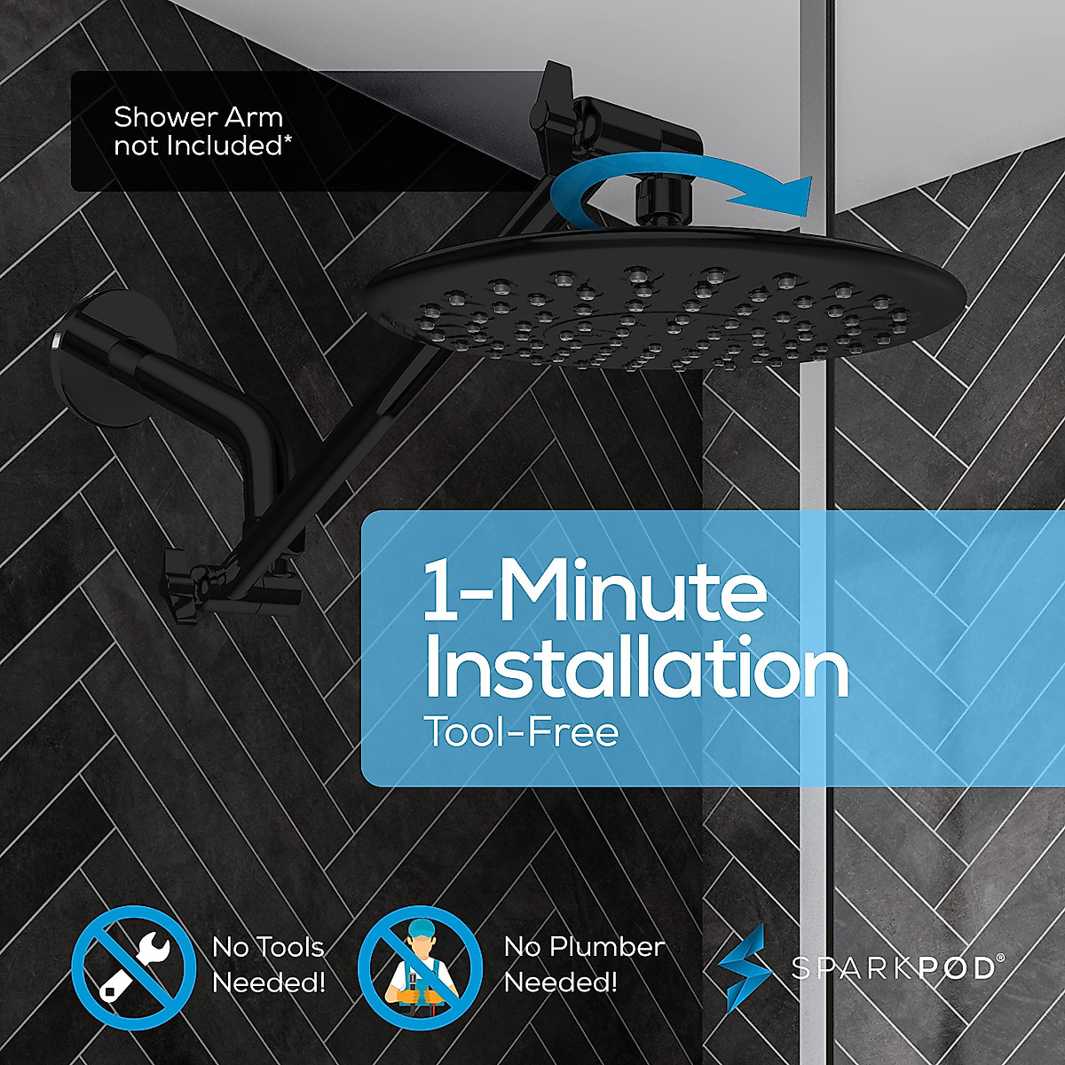 SparkPod 9.5 Inch Large Rain Shower Head - Luxury Rainfall Shower Head - High Pressure Showerhead, Full Body Coverage with Anti-Clog Silicone Nozzles - No Hassle, Easy Install (1/2 NPT, Black Matte)