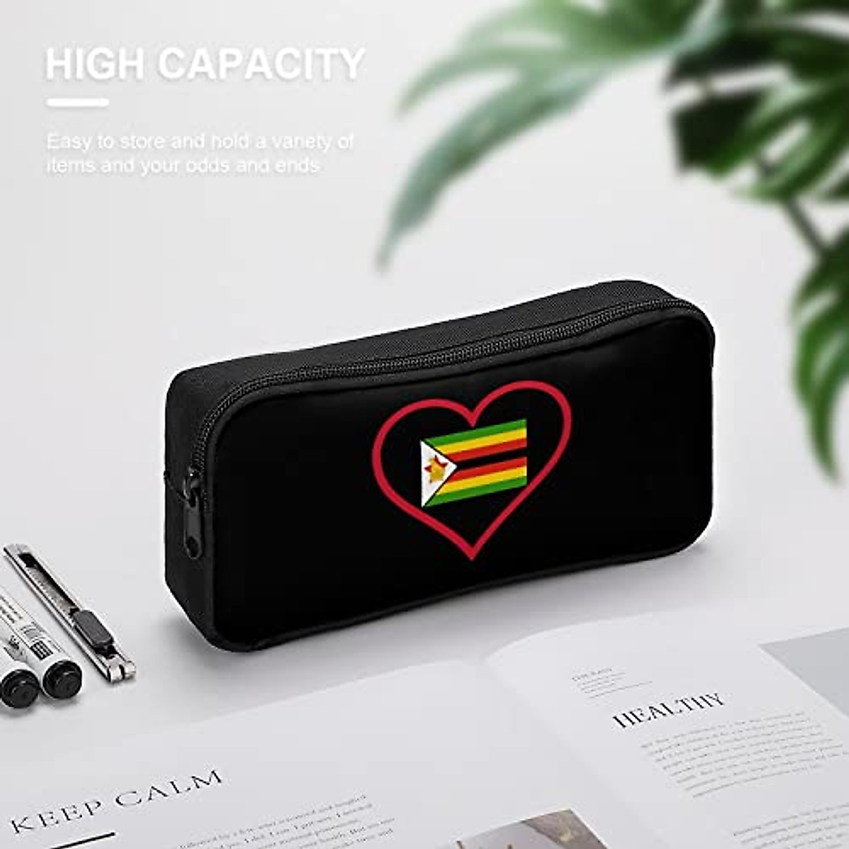 I Love Zimbabwe Red Heart Pencil Case Makeup Bag Big Capacity Pouch Organizer for Office College
