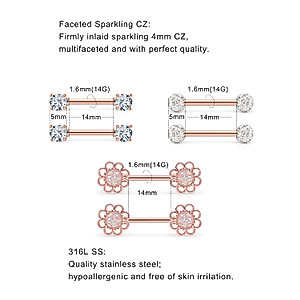 Hnxnskt 3 Pairs Stainless Steel Nipple Ring CZ Straight Barbell Rhinestone Nipple Studs Nipple Body Piercing Jewelry for Women Rose Gold