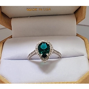 Galaxy Gold GG Stunning 1.69 Carat Total Weight 14K Solid White Gold Emerald and Natural Diamond Halo Ring Brilliant Pear Cut Tear Drop Shape Round Diamonds (6)