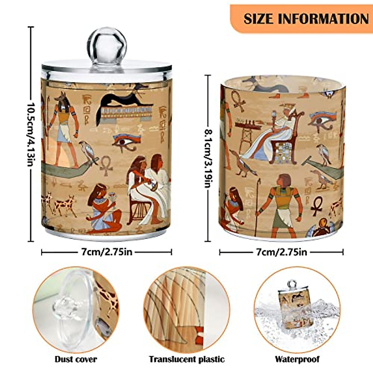 KEEPREAL Funny Egyptian Mural Qtip Holder Dispenser with Lids, 2PCS Plastic Food Storage Canisters, Apothecary Jar Containers for Vanity Organizer Storage