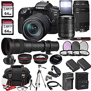 Canon EOS 90D DSLR Camera w/EF-S 18-135mm f/3.5-5.6 is USM Lens + 75-300mm F/4-5.6 III + 420-800mm f/8.3 HD Lenses for T Mount + 2X 64GB Memory + Hood + Case + Filters + Tripod + More (35pc Bundle)