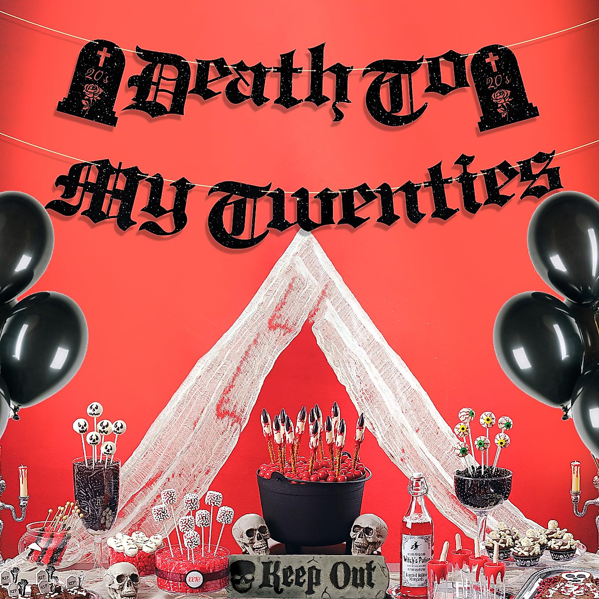Ushinemi Pre-Strung Goth Death to My 20s Decorations, NO DIY Glitter 30th Birthday Party Banner, Funeral for My Youth Rip Twenties Party Decor