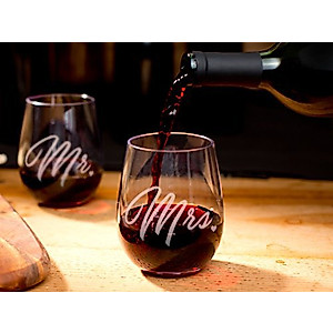 GSM Brands Mr and Mrs Stemless Wine Glasses for Bride and Groom Wedding Celebration (Set of 2), Made of Unbreakable Tritan Plastic and Dishwasher Safe - 16 Ounces