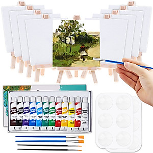 Mini Canvas and Easel, Cridoz 47 Pieces Mini Canvas Painting Set Includes 4x4 Inches Primed Canvas, Mini Easel, Acrylic Paint, Paintbrushes and Palette for Kids Artists Art Party
