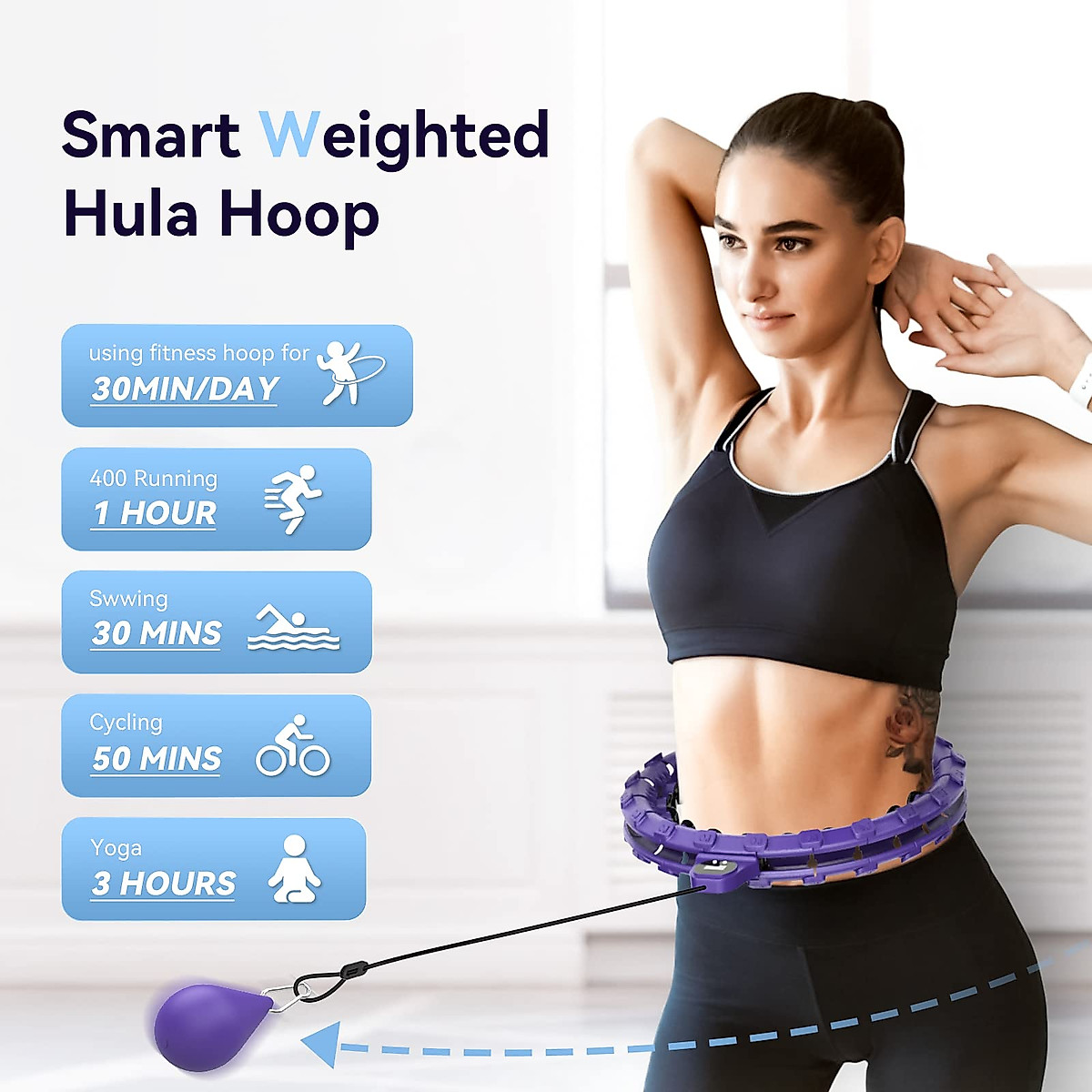 Tohoyard Weighted Hula Hoop, Smart Weighted Fit Hoop for Adults Weight Loss, 2 in 1 Smart Hoola Exercise Hoops with 27 Adjustable Detachable Knots Hoops Auto-Spinning Ball for Adults and Beginners