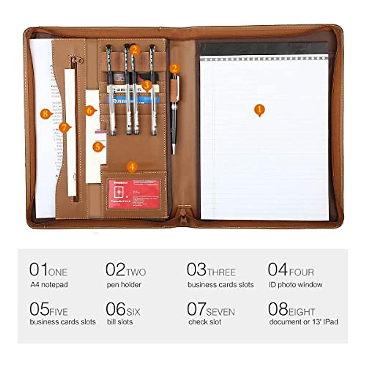 Leathario Portfolio Business Folder Padfolio A4 Writing Pad Document Organizer for Men Women School Office Conference Notepad Clip Boards