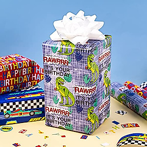 WRAPAHOLIC Birthday Wrapping Paper Roll - Mini Roll - 3 Rolls - 17 Inch X 120 Inch Per Roll - Dinosaurs/Racing Car/Happy Birthday Lettering for Kid's Birthday, Baby Shower