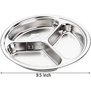 Hacaroa 4 Pack Stainless Steel Round Divided Plates, 9.5 Inch Dinner Snack Plates with 3 Compartment, Divided Tray Food Serving Platter for Kids, Adults, Camping, Lunch and Dinner