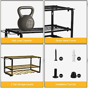 QYQRQF Power Tool Organizer Wall Mount, Heavy Duty 3 Layers Tool Storage Rack with 4 Drill Holders Tool Shelf for Work Shop, Garage, 150Lbs Load Capacity