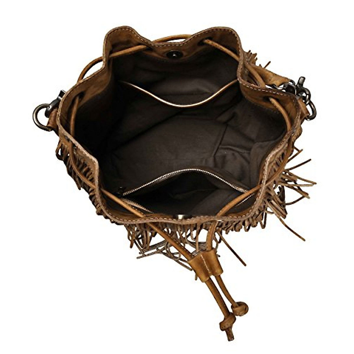 ZLYC Women Handmade Dip Dye Leather Bohemian Fringe Tassel Drawstring Bucket Bag, Brown