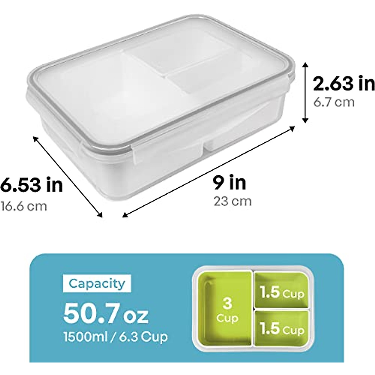 carrotez Food Storage Container with 3 Removable Compartments, Food Prep Container with Airtight Lids, Portion Control Container, Reusable, BPA Free, 6.3 Cup (1500ml)
