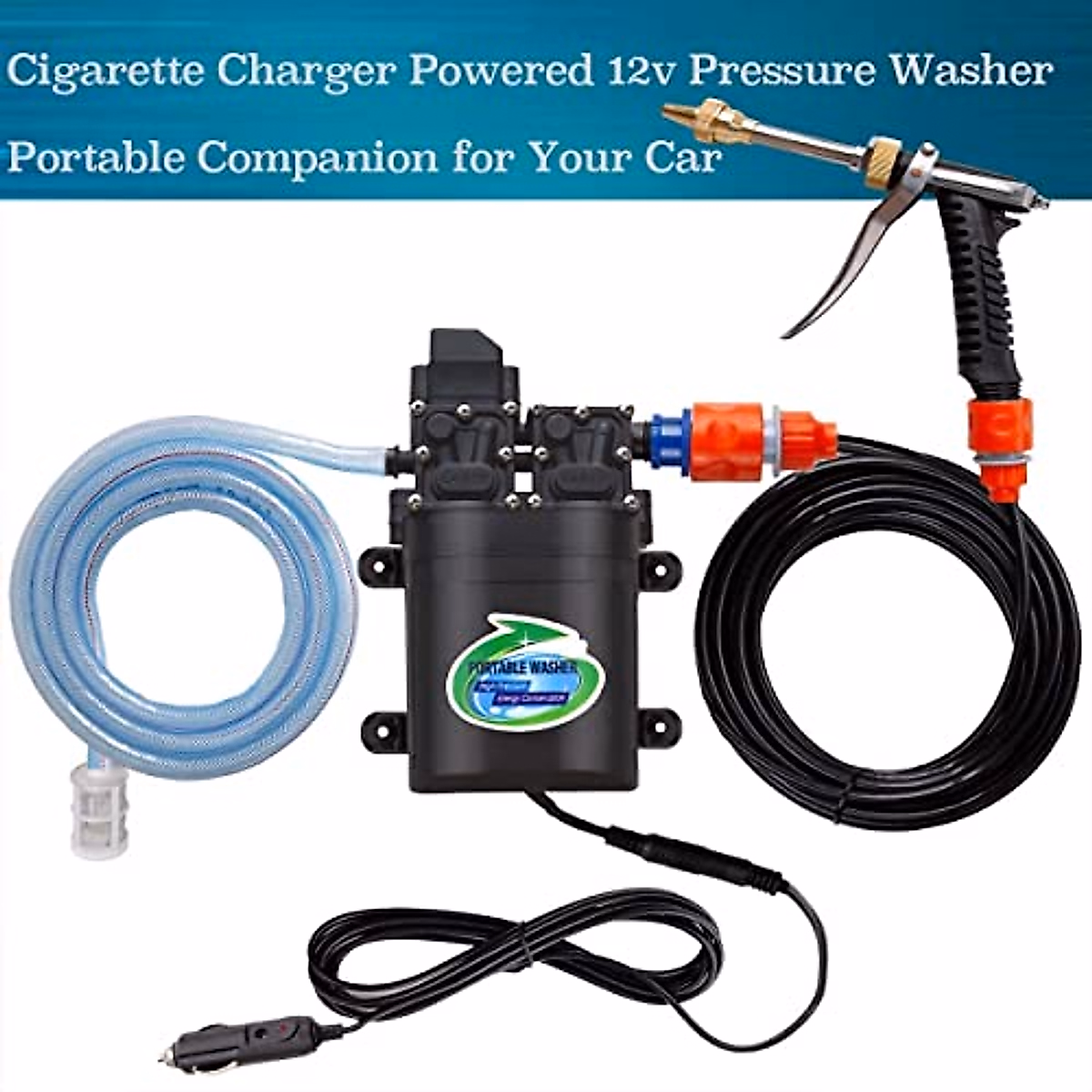 12V Pressure Washer, 130 PSI Portable Pressure Washer with 30Ft Hose, Portable Power Washer for Cars, Home, Garden, Vehicles (Double Pump)