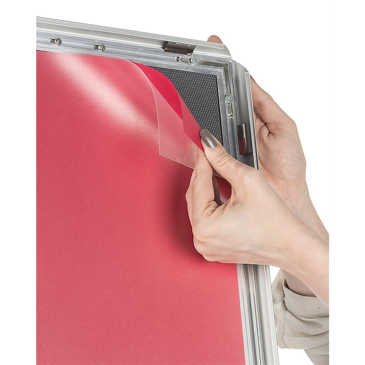 Displays2go CMB17NGW Floor Sign Stand with Literature Pocket, Snap Frame for 11x17-Inch Poster, Silver