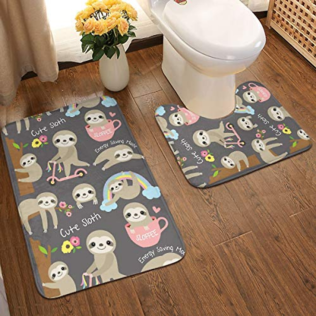ZOEO Cute Sloth Rainbow Bathroom Rugs Bath Mat Sets 3 Piece for Toilet Large Non Slip Contour Mats U Shaped for Women