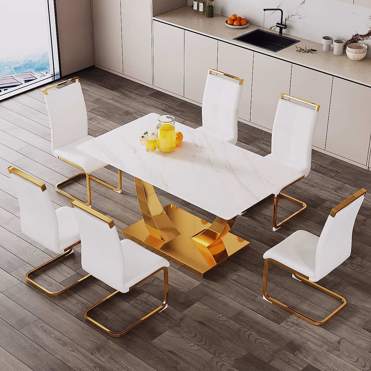 7 Pieces Modern Dining Table Set for 6 People Kitchen Dining Room Table Set Faux Marble Glass Dining Table and 6 White Upholstered Chairs,Dining Kitchen Table Set, Home Kitchen Furniture