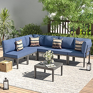 Kullavik Patio Furniture Set,7 Pieces Metal Modern Outdoor Furniture,Outdoor Sectional Sofa w/5.1" Cushions and Coffee Table for Patio,Backyard，Navy Blue