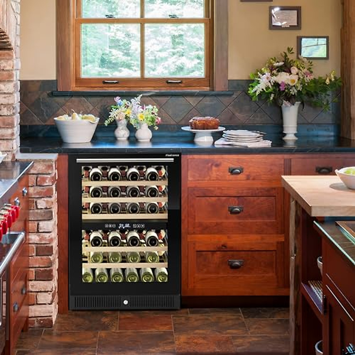 Frostronics 24 Inch Dual Zone Wine Refrigerator, 51 Bottles Under Counter Built-In or Freestanding Wine Cellar, Wine Cooler with Quiet Compressor Cooling and Reversible Glass Door, Fits Large Bottle