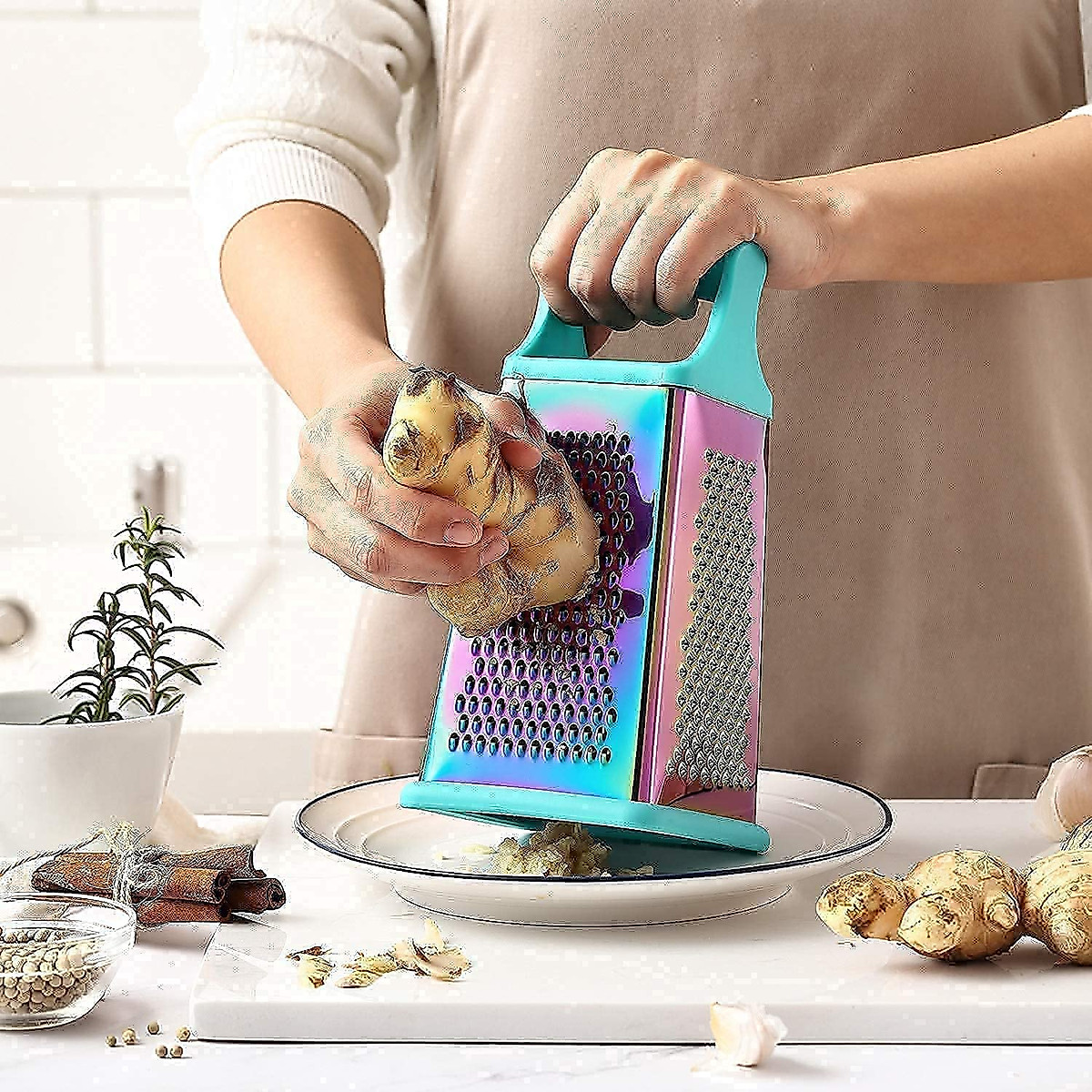 Rainbow Color Cutlery Knife Set, Marco Almond KYA27 Kitchen Knives Set with Wooden Block Plugs Professional Rainbow Color Box Grater,Stainless Steel Grater Slicer 5 PCS Set