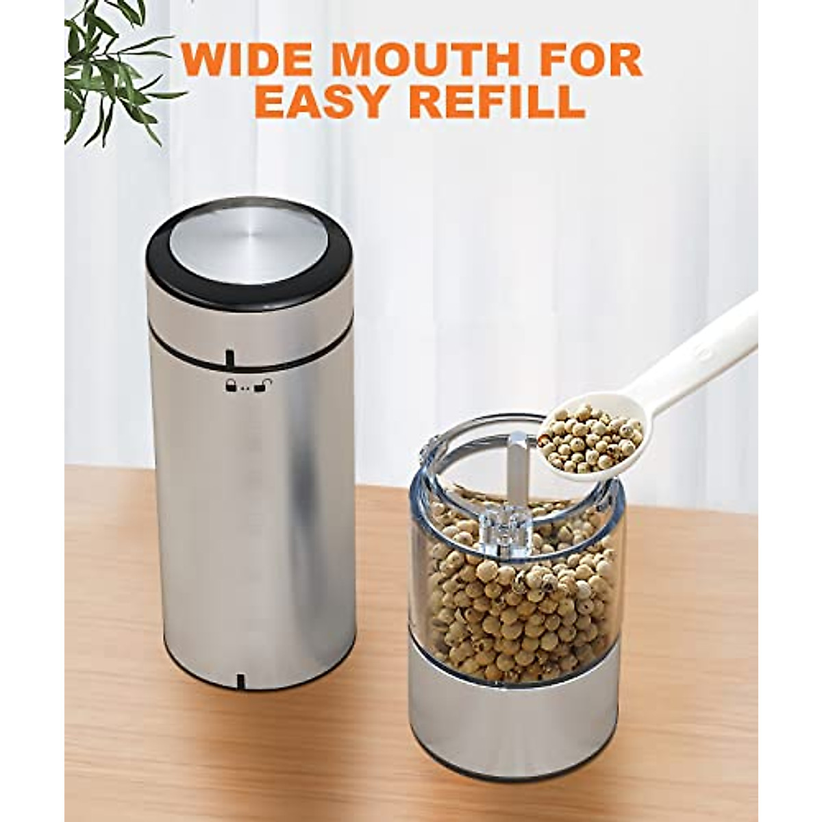 OUWMAN 2 Pack Electric Salt and Pepper Grinder Set, Automatic Stainless Steel Pepper Mill Grinder with Convenient One Hand Operation, LED Light, Adjustable Coarseness, Cleaning Brush, Battery Powered
