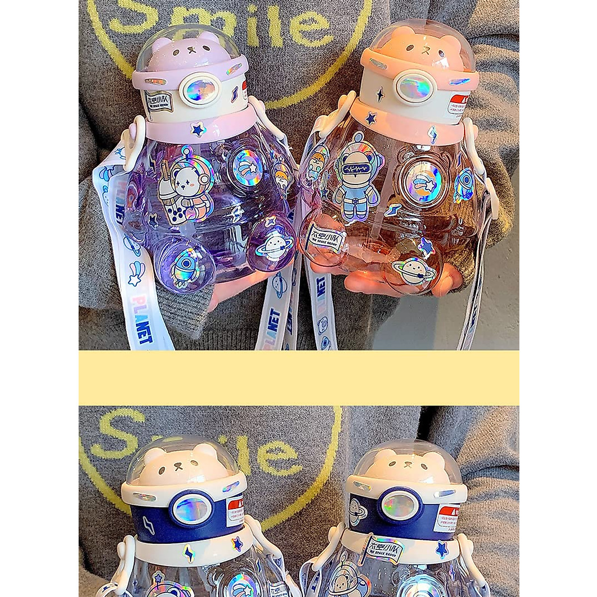 HACODAN Kawaii Straw Bottle with Strap Cute Cartoon Water Bottles with Stickers for Women Juice Coffee 23oz 700ML (Blue)