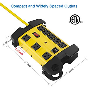 CCCEI Heavy Duty Power Strip with USB, Workshop 8 Outlet Surge Protector 2700 Joules, Industrial Metal 15Amp Power Strip, 6FT Extension Cord and Wide Spaced, Yellow