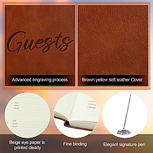Leather Guest Book and Pen Stand Set, 10.5" x 8" Embossed Guests Sign in Book Registry Book for Funeral, Wedding Reception, Vacation Homes and Events, 80 Sheets (Brown)