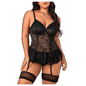Milumia Women's Plus Size 4 Piece Floral Lace Ruffle Hem Underwire Babydoll Lingerie Sets Black 4X-Large Plus