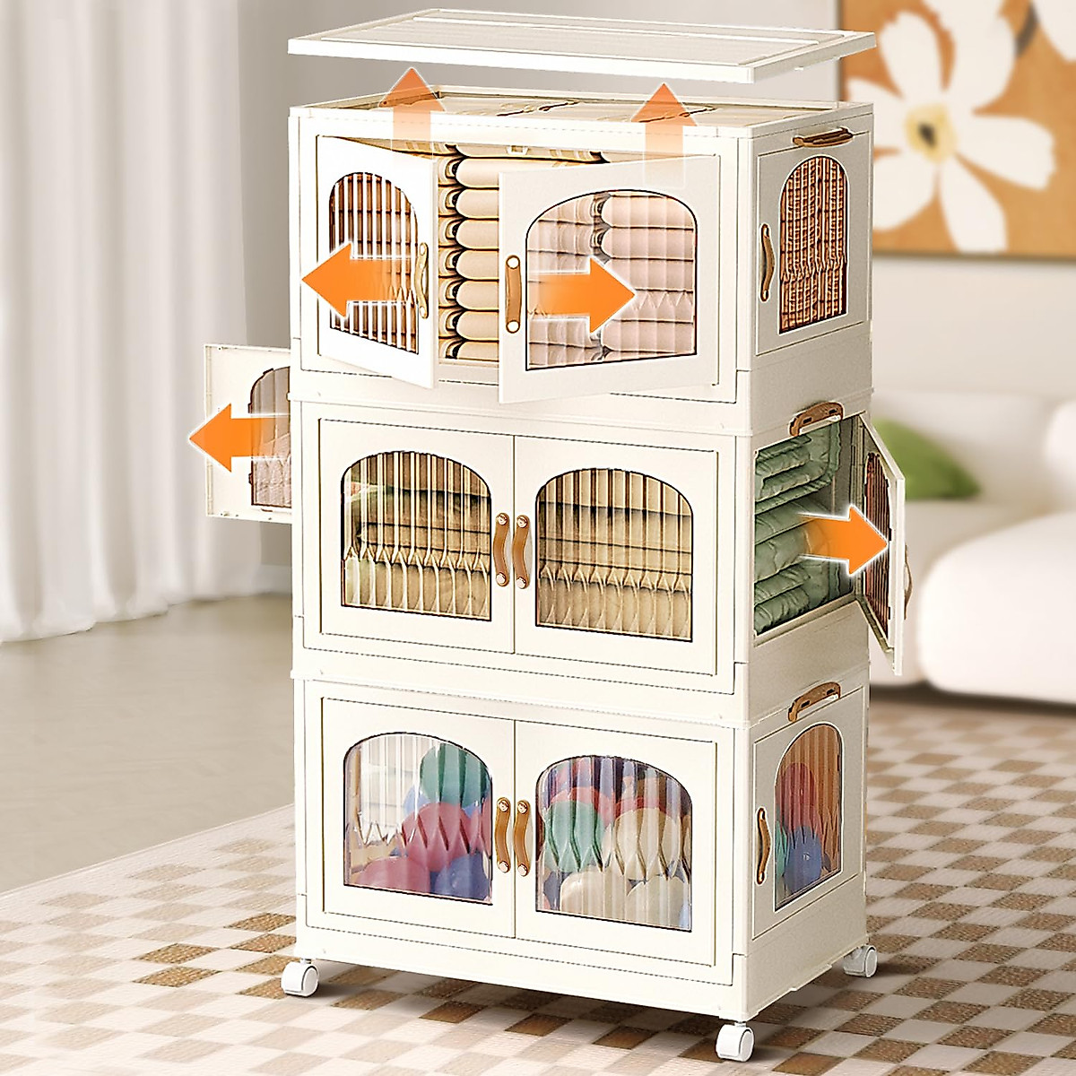 EHAMILY Stackable Storage Bins with 1 Lid Set 3 Tier,19 Gal Clear Plastic Folding Storage Box with Wheel and Door,Large Foldable Cabinet Collapsible Bin for Closet Organizer,Clothes,White