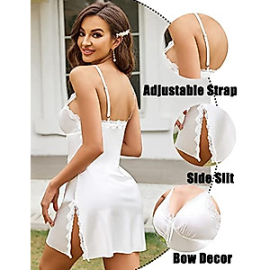 Avidlove Nightgowns for Women Sexy Lace Slip Lingerie Satin Side Slit Nighty Lace Nightgown(White,XXL)