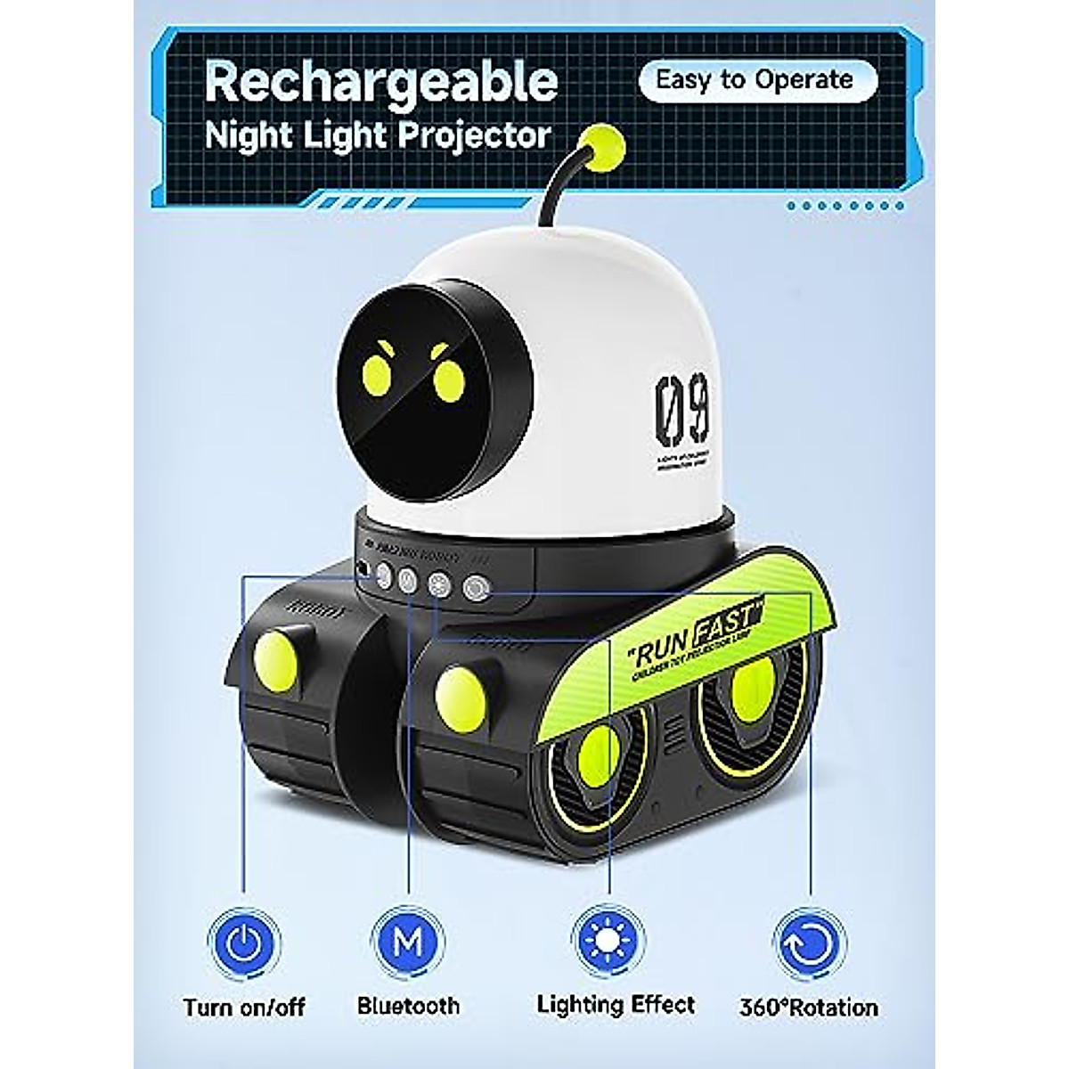 PIKOY Robot Night Light for Kids【12 Films】 Kids Night Light Projector,Bluetooth Music Baby Night Lights for Kids Room, 360° Rotation Rechargable Planets Star Projector Planetarium Projector Lamp