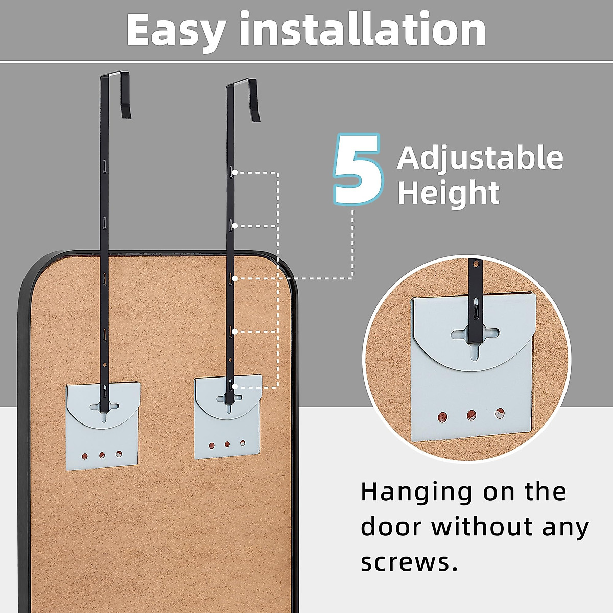 Minuover 47" x 13" Black Over The Door Hanging Mirror, Brushed Metal Frame with Rounded Corner Dressing Rectangle Mirror for Bathroom, Bedroom, Living Room