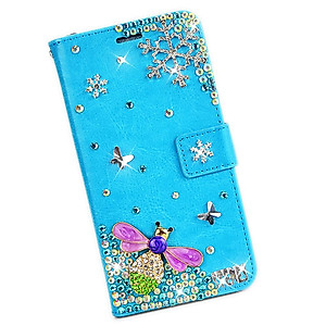 Fairy Art Crystal Wallet Phone Case Compatible with Samsung Galaxy Z Fold 5 - Bee - Blue - 3D Handmade Sparkly Glitter Bling Leather Cover with Screen Protector & Beaded Phone Lanyard