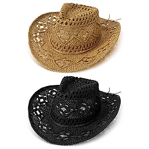 Didaey 2 Pcs Woven Straw Cowboy Hat for Women Wide Brim Cowgirl Hat Western Cowboy Hat Men Women Straw Hat for Hiking Fishing (Black, Khaki)