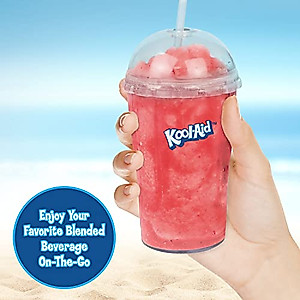 Nostalgia Kool-Aid Slush ‘N Go Personal Blender for Smoothies, Slushies, Shakes, and Fruit Blends, Includes Two 15 Oz Travel Bottles, Cup Lid, and Reusable Straw, Blue