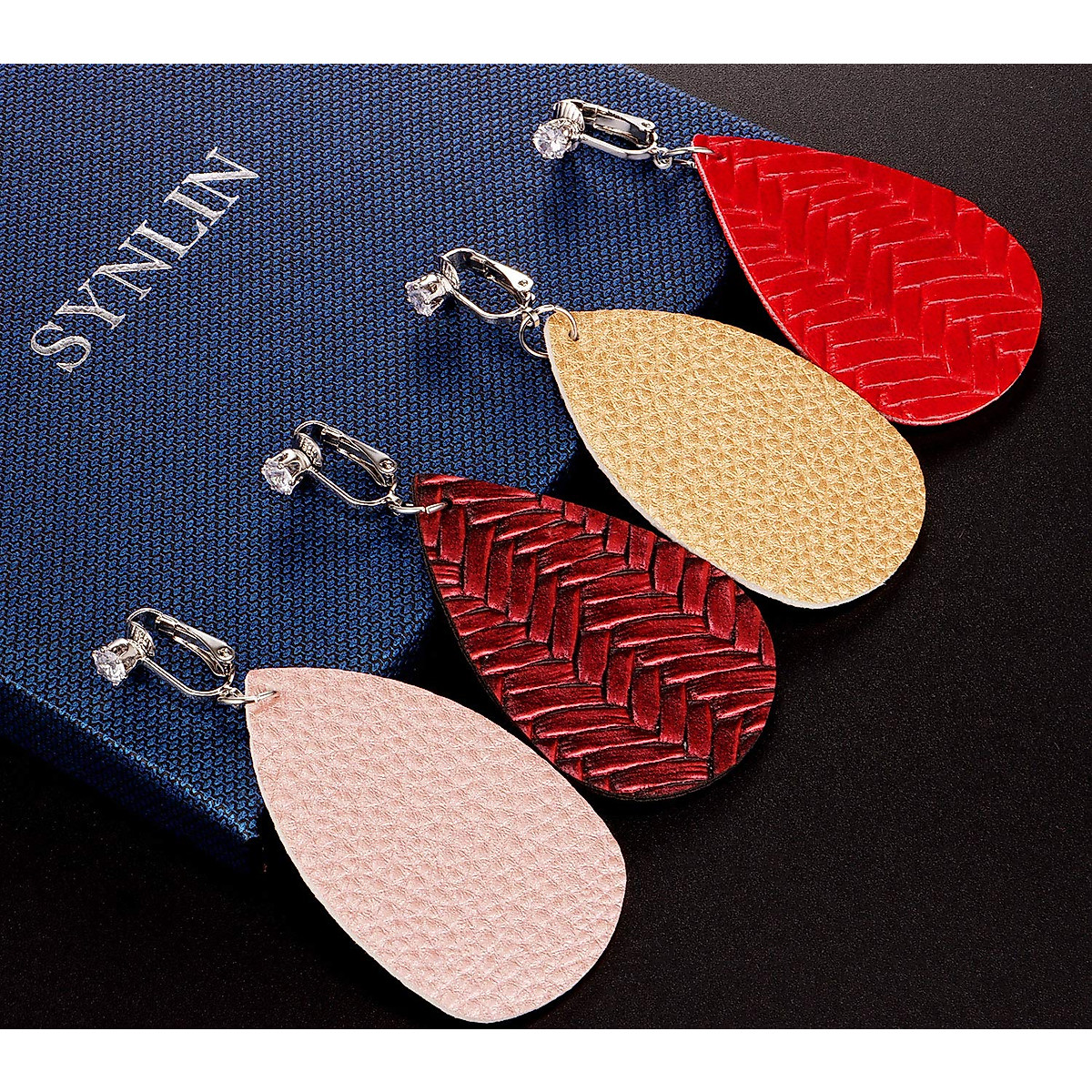 9 Pairs Faux Leather Clip on Earrings for Women Dangle- Long Teardrop Seashell Leather Clipon Earrings-Non Piercing Earrings Set for Women (#7)