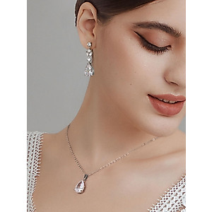 SWEETV Teardrop Wedding Jewelry Sets for Women Brides Bridesmaids, Crystal Bridal Necklace Drop Earrings Set,Prom Costume Bridal Wedding Jewelry, Silver
