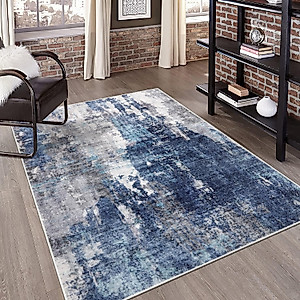 Uphome 5x7 Living Room Rug, Modern Washable Rug for Bedroom, Abstract Soft Non-Slip Dining Room Rug, Blue Aesthetic Foldable Indoor Carpet for Nursery Kitchen Playroom