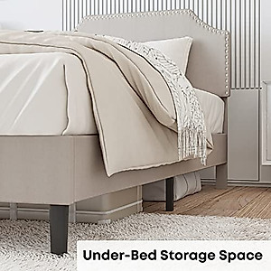 LIKIMIO Twin Bed Frames, Upholstered Platform Bed Frame with Height Adjustable Headboard with Nailhead Trim, No Box Spring Needed/Wood Slat Support/Noise-Free, Beige
