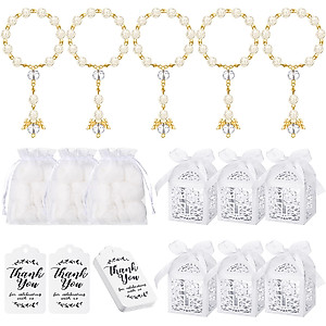 MTLEE 100 Pieces Baptism Rosary Favors Sets Include Mini Small Rosary with Angel, Baptism Favor Boxes, Organza Bags, Thank Kraft Tags for Baby Shower Wedding Decor (Gold)
