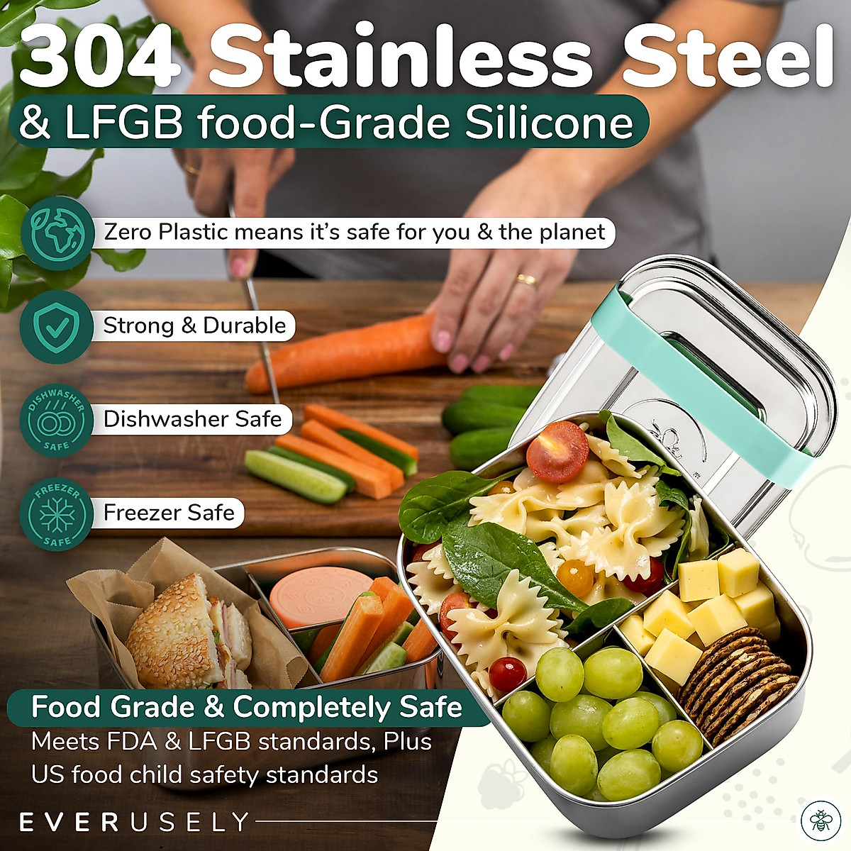 Everusely - Bento Box for Kids - Green, 6.5x4.7 / 27oz - Stainless Steel Lunch Box w/Leakproof Condiment Container - 3 Compartment Snack Box for School, Office Meals - Freezer & Dishwasher Safe