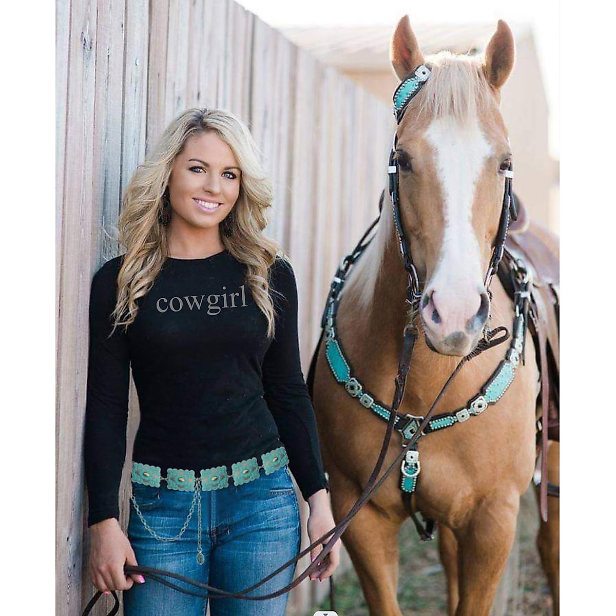 TOPACC Turquoise Concho belts for Women Western Square Teal Metal Cowgirl Boho Chain Belt for Dresses Jeans Country Concert Outfit