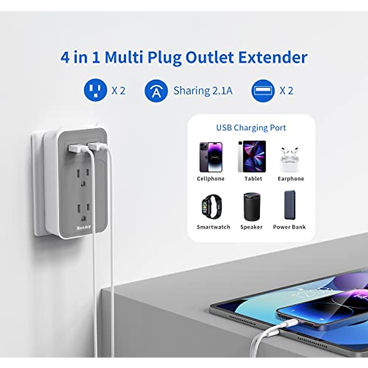 Outlet Extender with Multi Plugs, Huntkey Multi USB Plug Outlet Splitter W. Phone Cradle & 2 USB A Plug Charging Port （No Surge Protector)