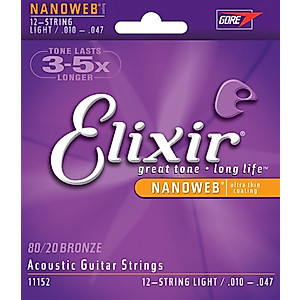 Elixir Strings Nanoweb 80/20 Acoustic Guitar Strings .010-.047 Light 12-String